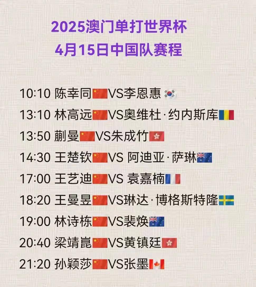 4月15日晚间中央5套直播表:CCTV5 CCTV5+节目单，附澳门世界杯赛程_比赛_国乒_选手