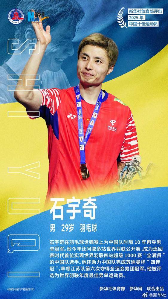 石宇奇入选2025年中国十佳运动员 中羽在线 - 超人气羽毛球社区