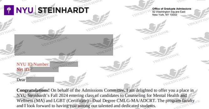 2024 VH Offer | NYU再添一枚~恭喜VH学员拿下心理健康咨询-LGBT双学位Offer_留学_执照_工作