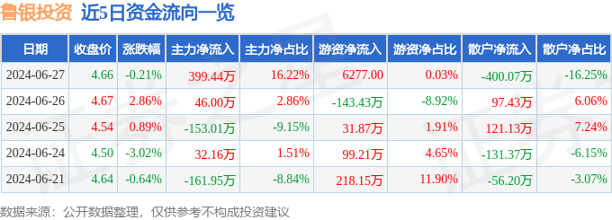鲁银投资（600784）6月27日主力资金净买入399.44万元_成交额_流向_股价