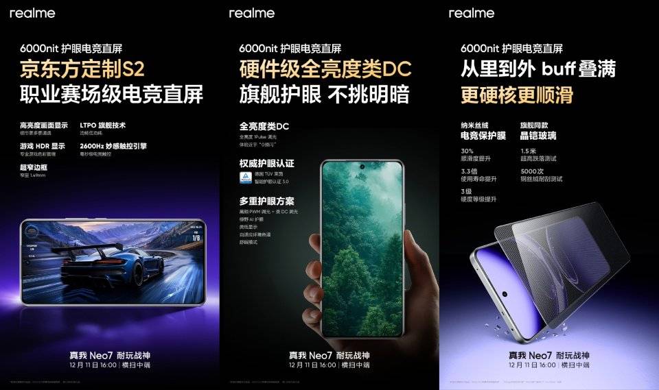 6000nit定制京东方S2直屏+旗舰护眼 真我Neo7手机屏幕参数官宣_显示_游戏_realme